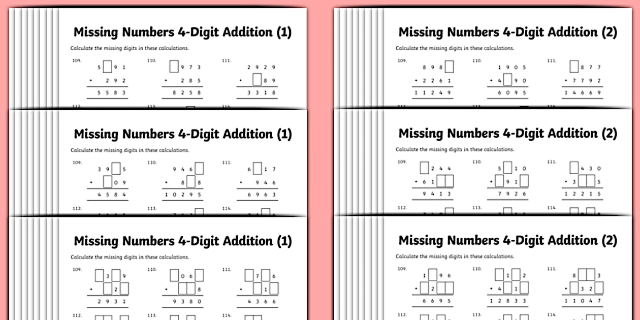Lower Ability Addition 4 Digit Missing Numbers Differentiated Worksheet