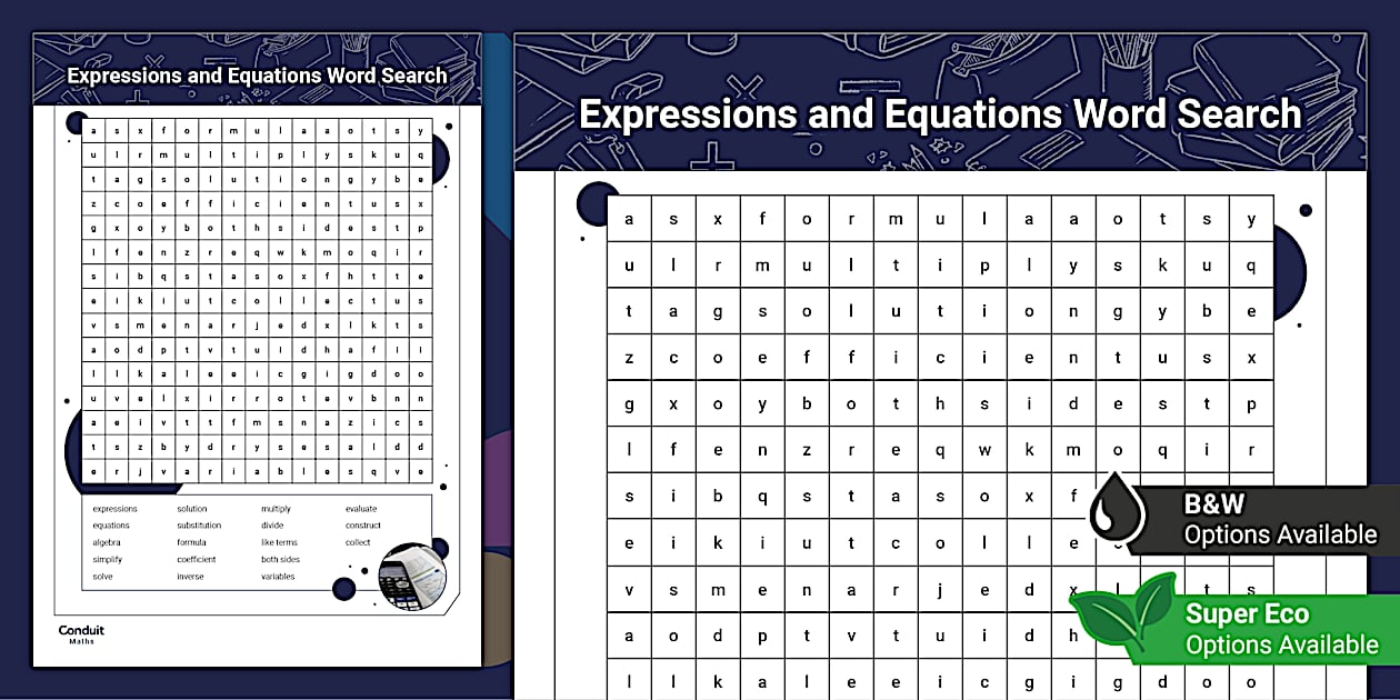 Expressions and Equations Word Search (teacher made)