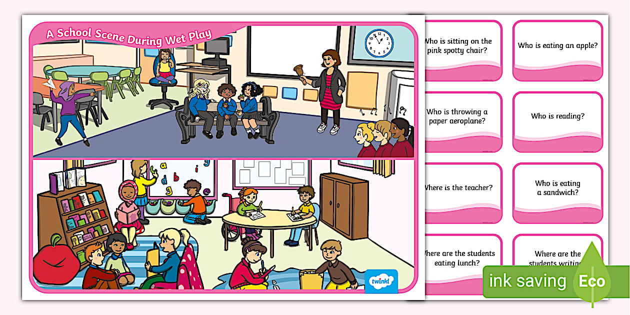 Picture Scenes and 'Wh' Questions School Scene - Twinkl