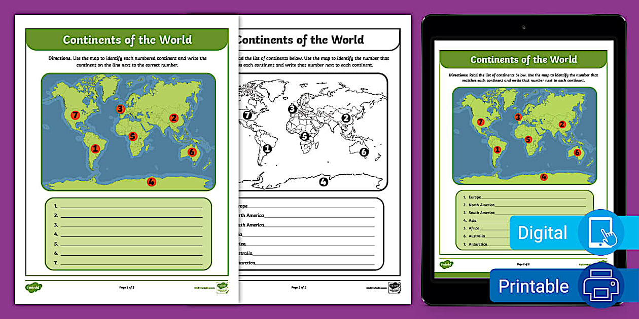 Sixth Grade Continents of the World Map Skills Worksheet