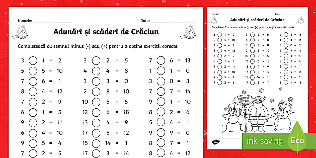 Adunări și scăderi de Crăciun Fișă de activitate