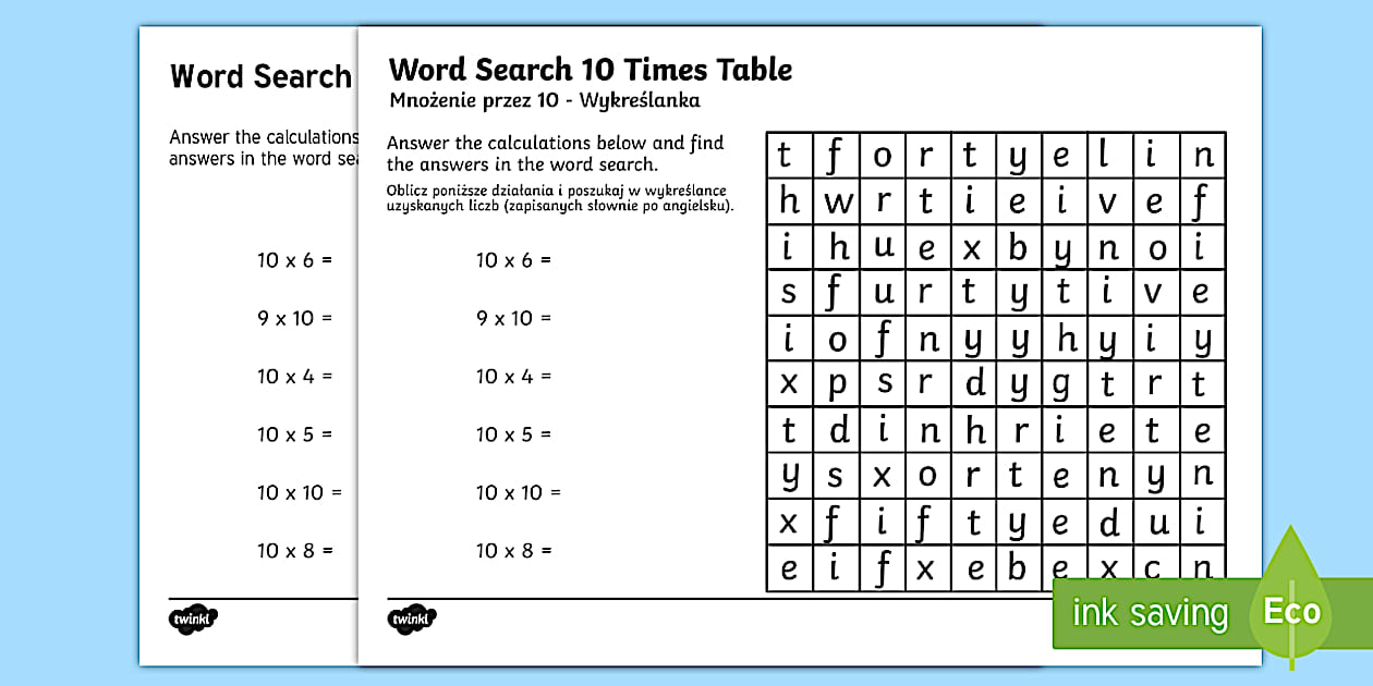 Multiplication 10 Times Tables Word Search Worksheet / Worksheet