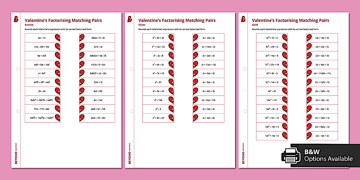 Valentine's Factorizing Matching Pairs Differentiated Worksheet ...