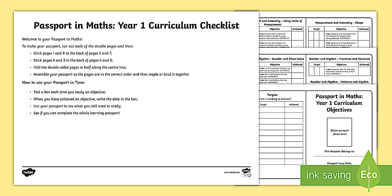 Year 1 Passport in Maths: Australian Curriculum Checklist