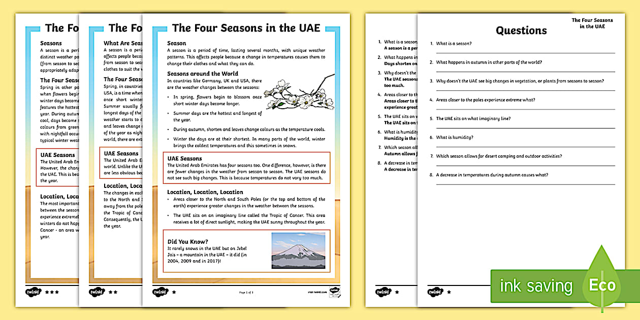Middle Ability UAE Four Seasons Differentiated Reading Comprehension ...