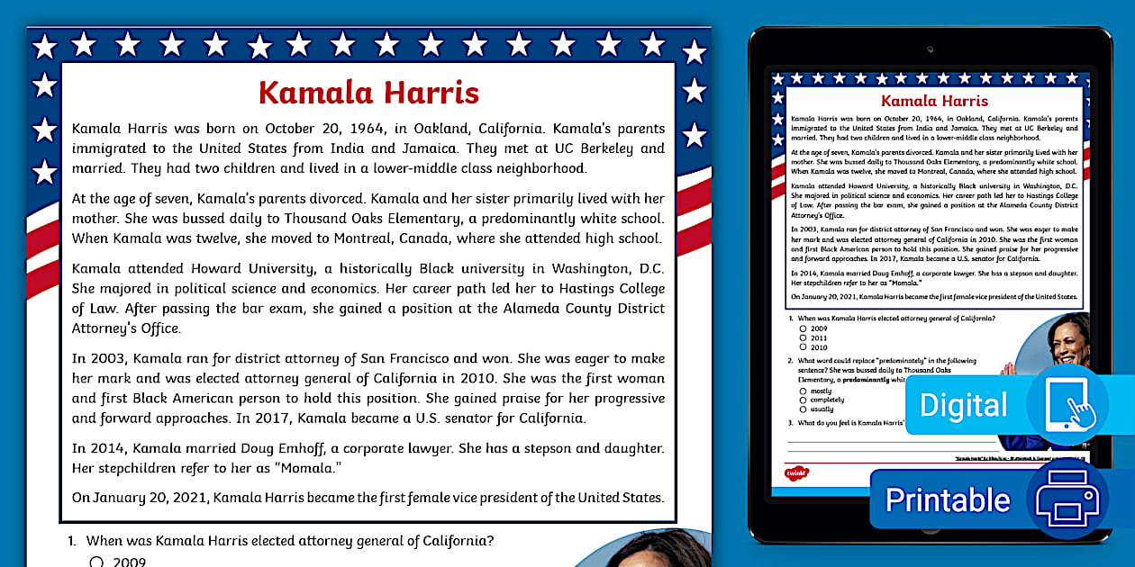 Fifth Grade Kamala Harris Reading Comprehension Worksheet