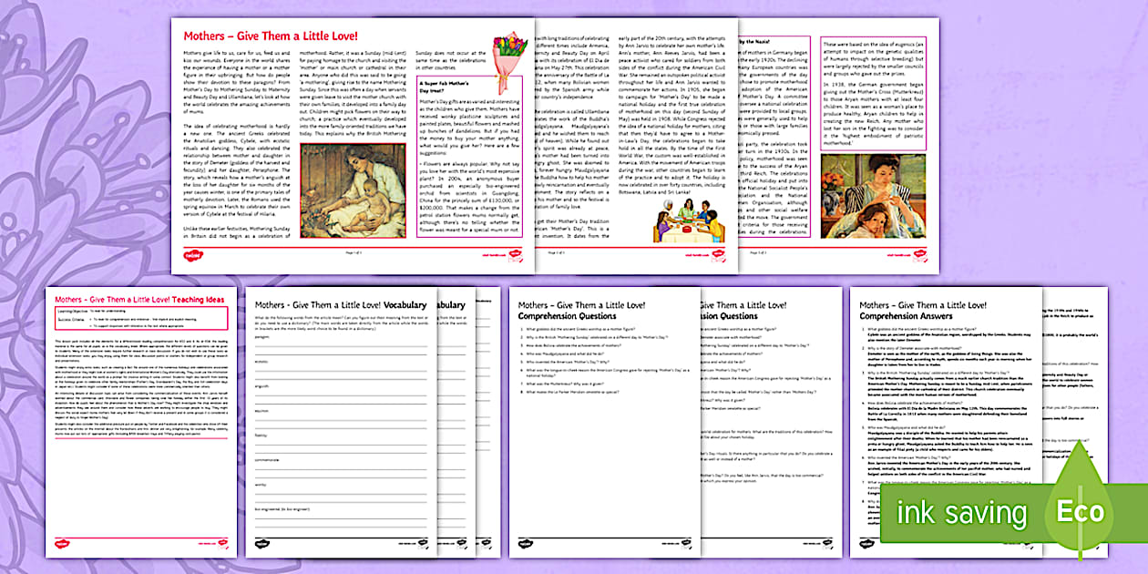 Mother's Day Reading Comprehension | KS3 | Beyond English