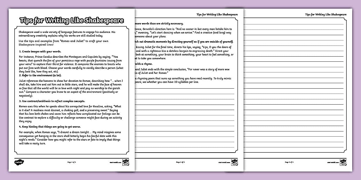 Tips for Writing Like Shakespeare Worksheet for 6th-8th Grade