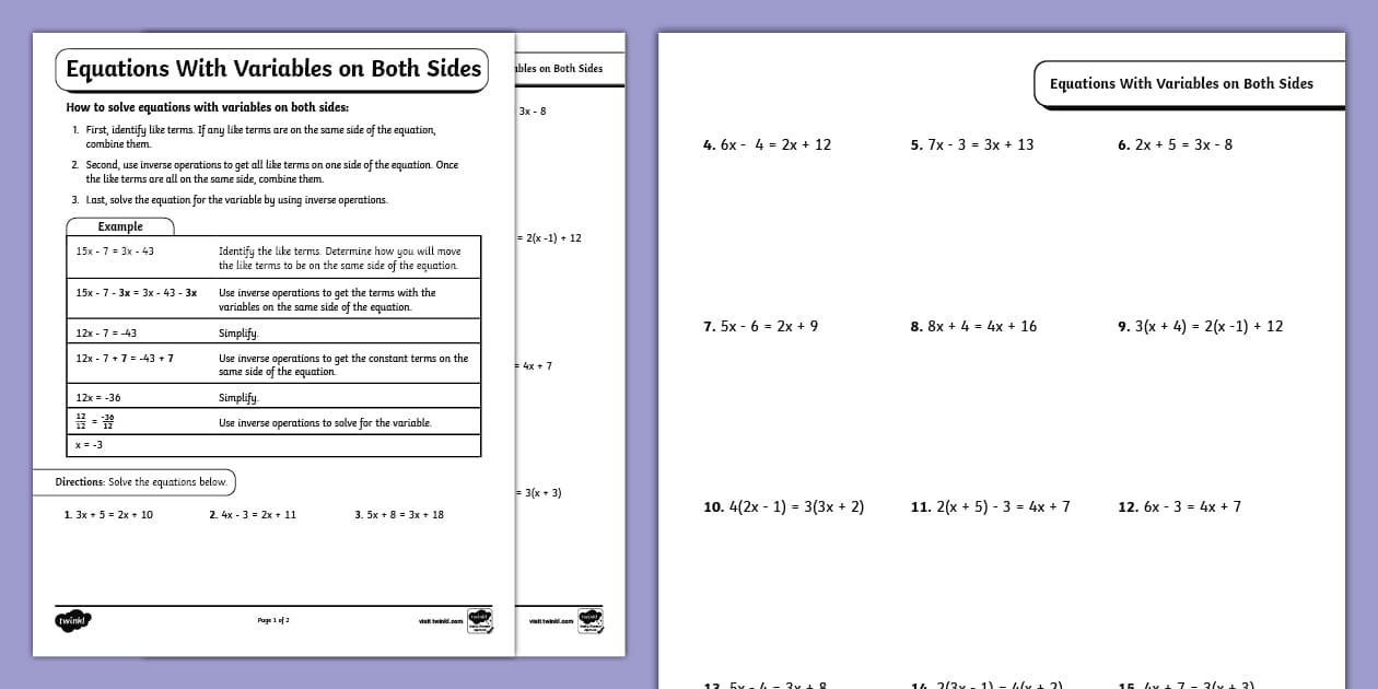 8th Gr Equations With Variables on Both Sides Practice