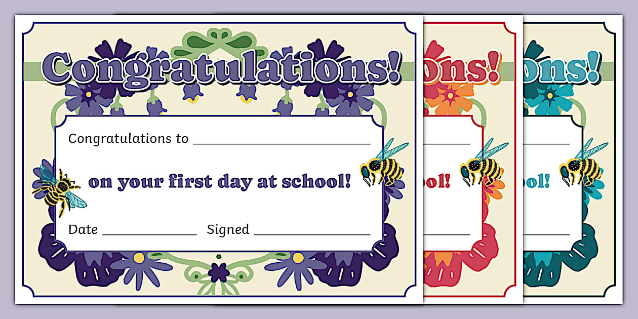 Bee-Themed First Day of School Certificate (teacher made)