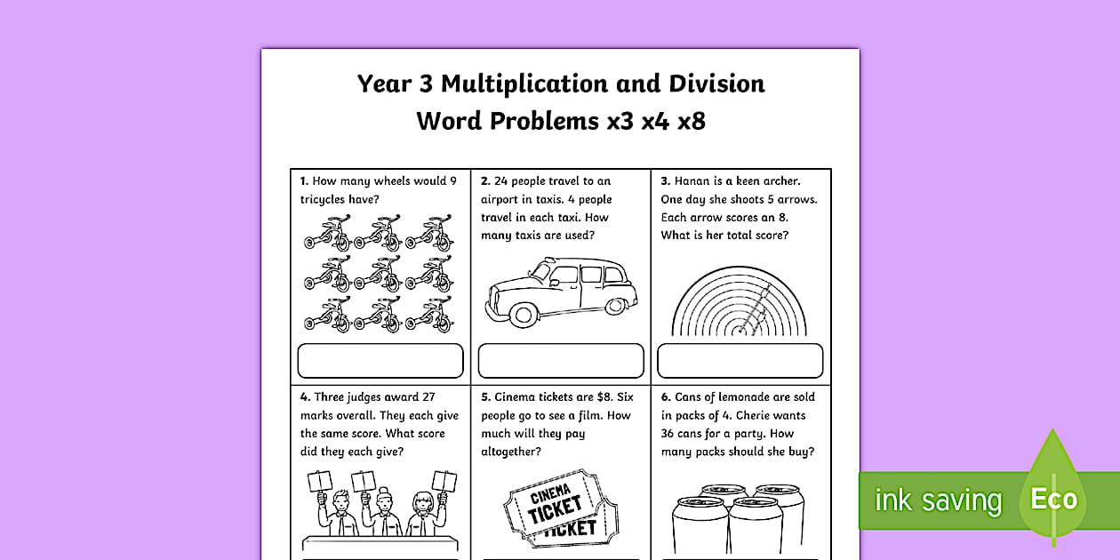 Year 3 Multiplication and Division Word Problems x3 x4 x8 Worksheet