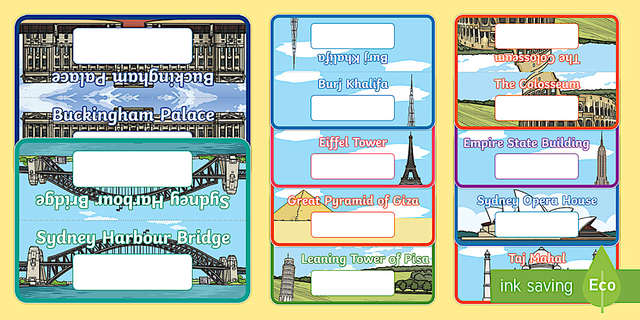 👉 World Landmarks Group Table Signs - Class Group Table Signs World ...