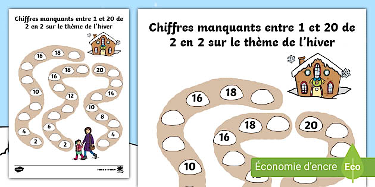 Chiffres manquants : compter de 2 en 2 de 1 à 20 sur le thème de l'hiver