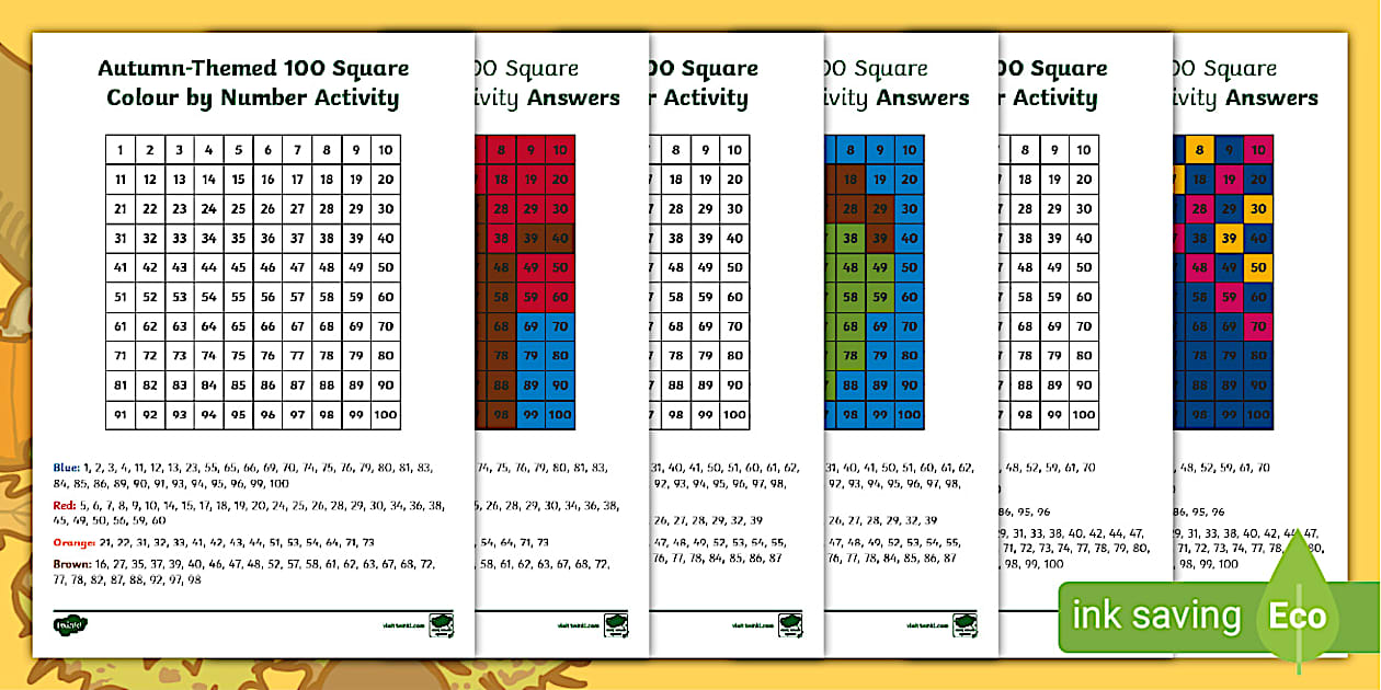 Autumn-Themed 100 Square Colour by Number Activity - Twinkl