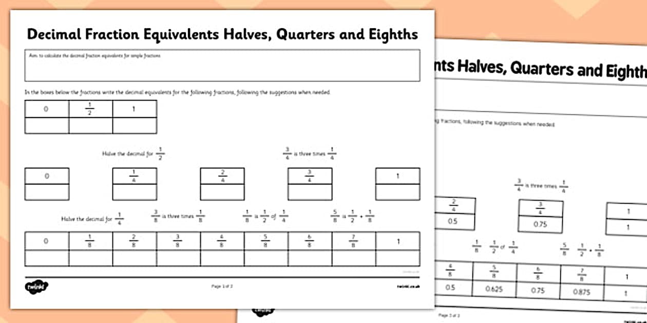 Grade 6 Decimal Equivalents Halves Quarters and Eighths Worksheet ...