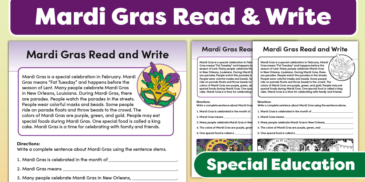 Mardi Gras Read and Write With Sentence Stems for Special Ed