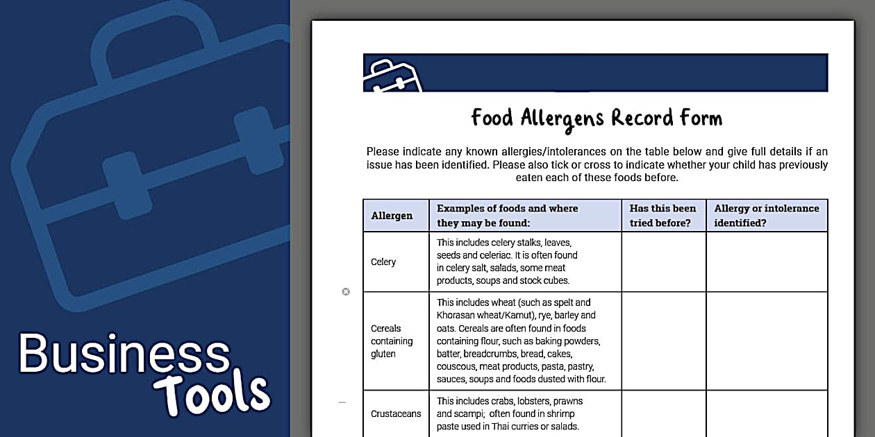 Food Allergens Record Form (teacher made) - Twinkl