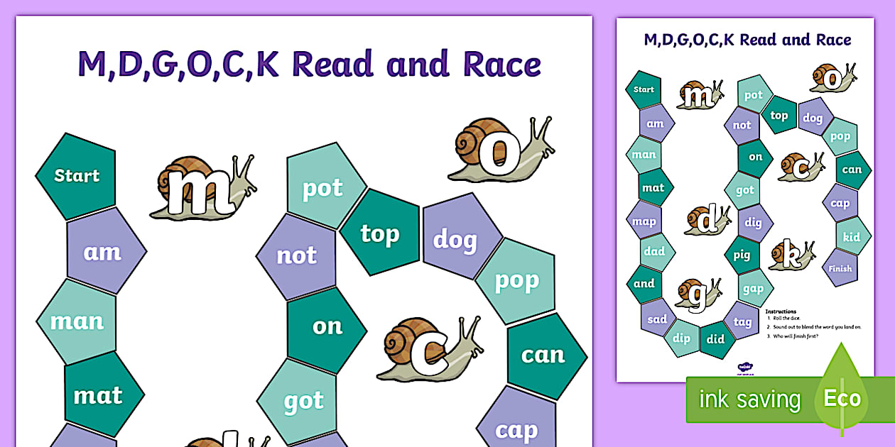 M,D,G,O,C,K Phonics Read and Race Game (teacher made)