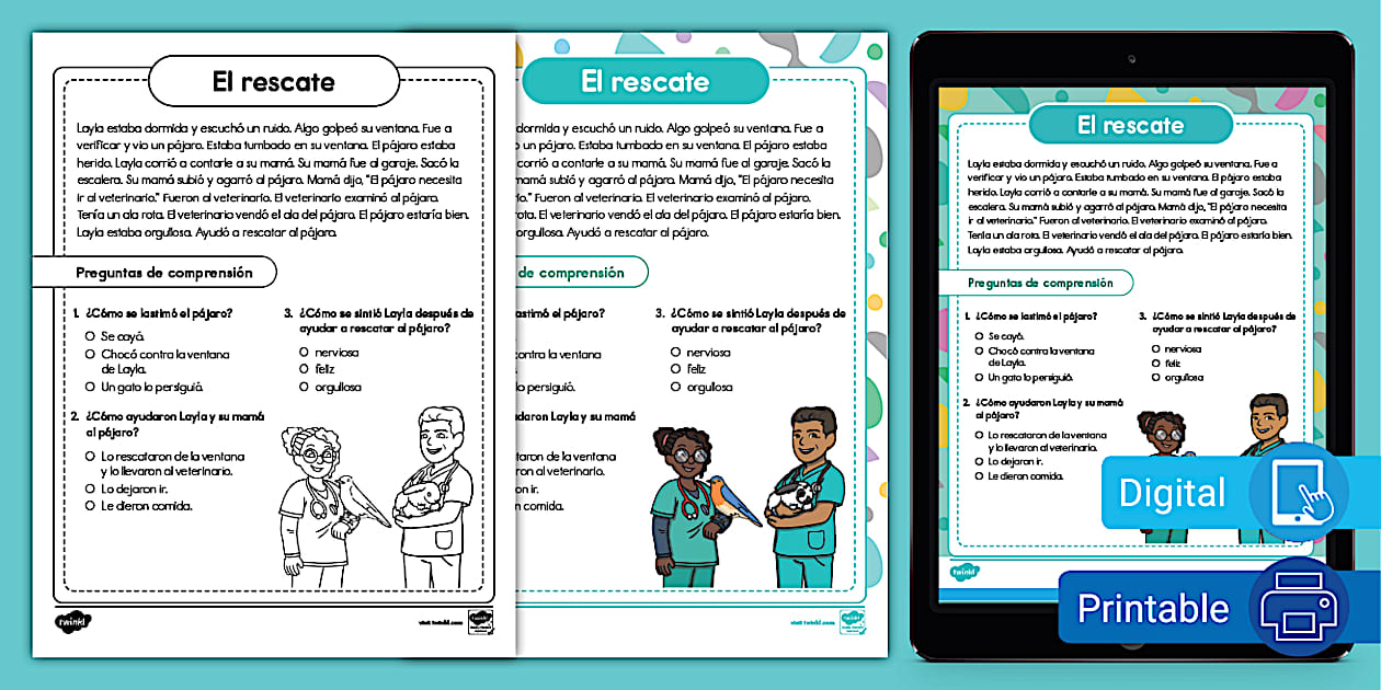 Actividad de comprensión de lectura para kindergarten: El rescate