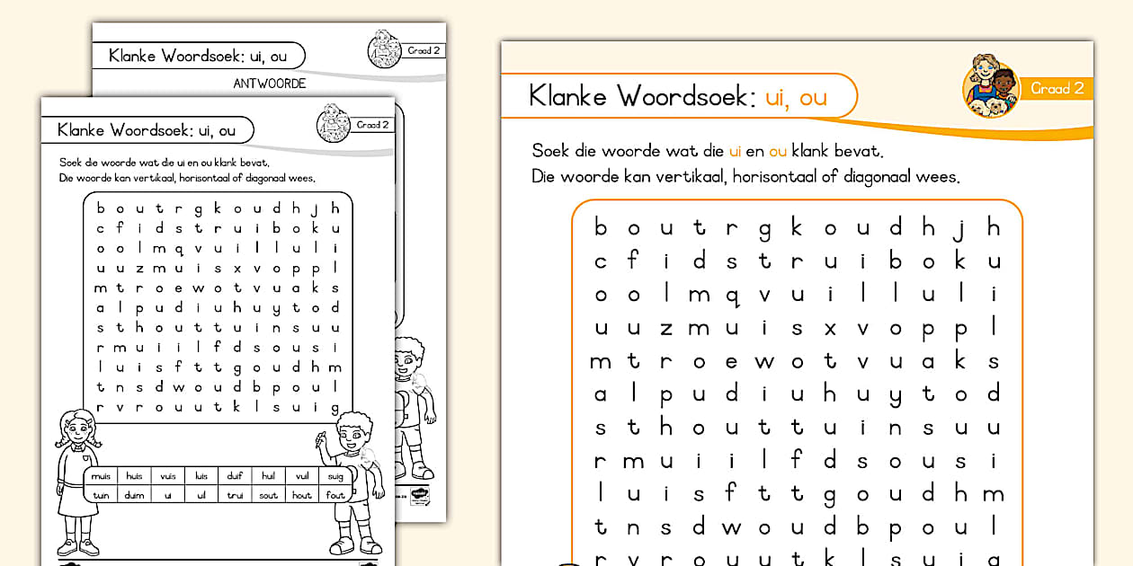 Graad 2 Klanke Woordsoek ui en ou (teacher made) - Twinkl