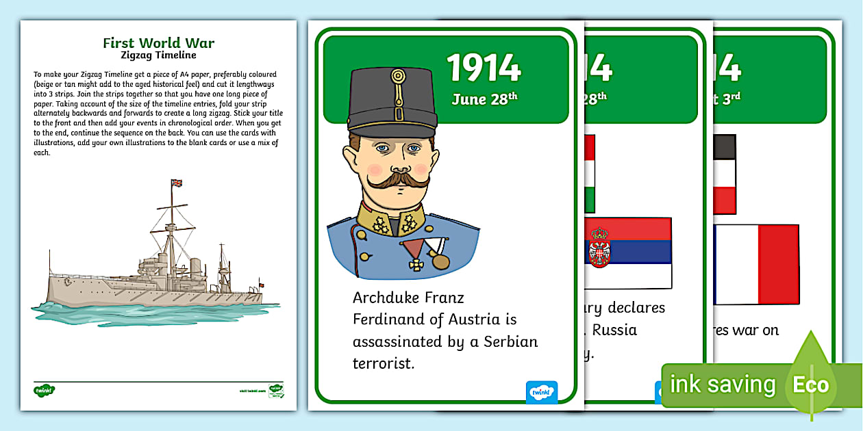 WW1 activities KS1 - Zig Zag Timeline Worksheet - Twinkl