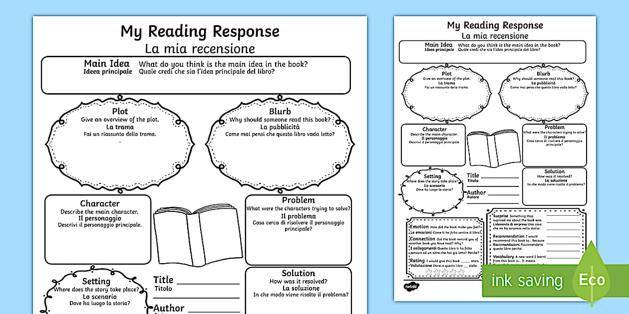 Reading Response Graphic Organiser Worksheet English/Italian - Reading