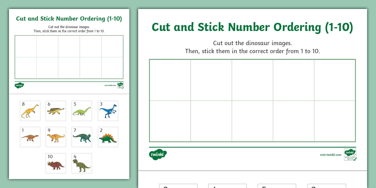 Dinosaur-Themed Cut and Stick Number Ordering Sheets 1-10