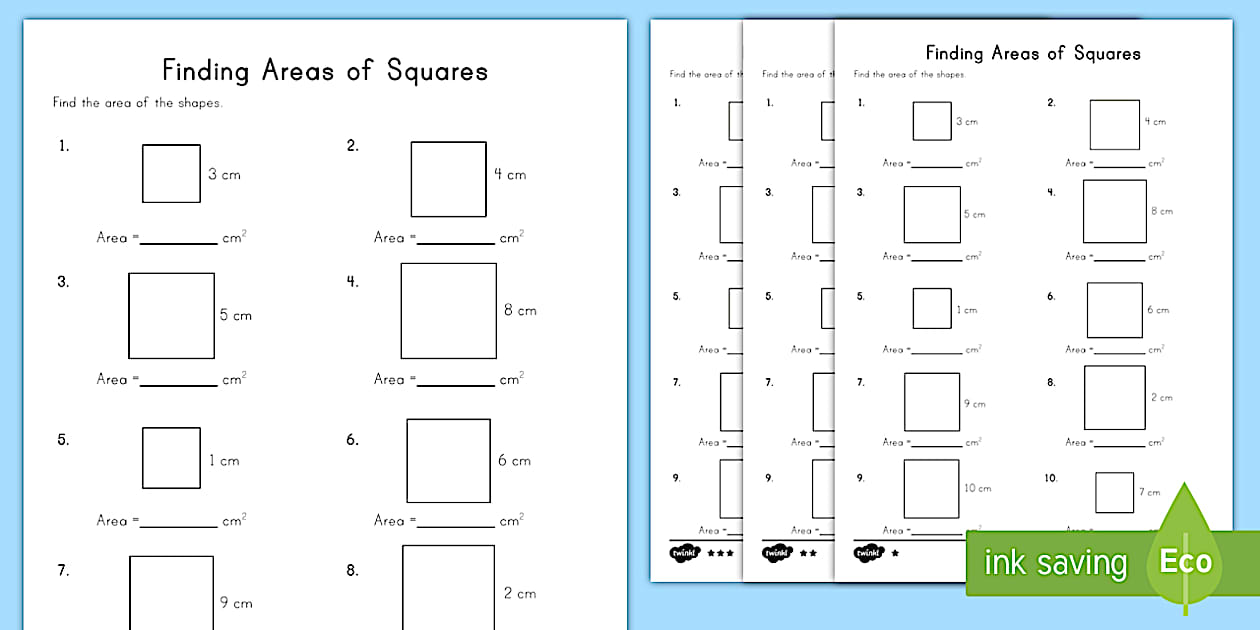 Third Grade Finding Areas of Squares Differentiated Worksheets