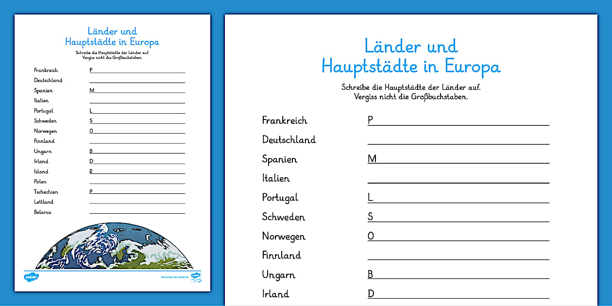Länder und Hauptstädte - Arbeitsblatt - Twinkl