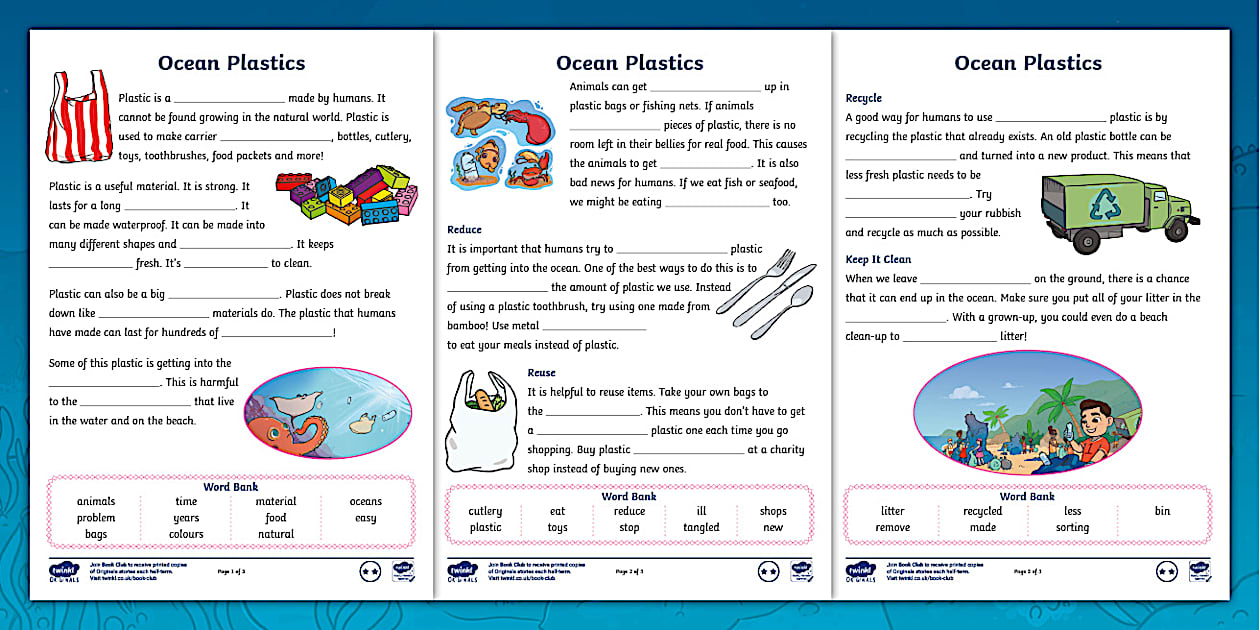 Editable KS1 Ocean Plastics Fill in the Blanks Cloze Procedure Activity