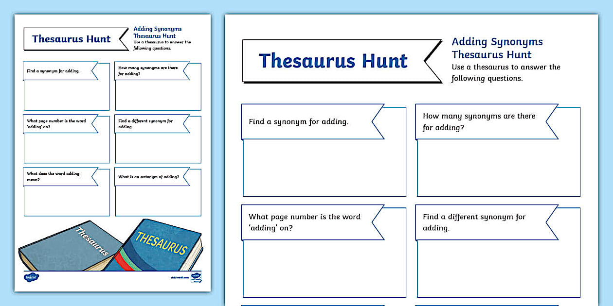 Another Word for Adding: Synonyms Thesaurus Hunt Worksheet