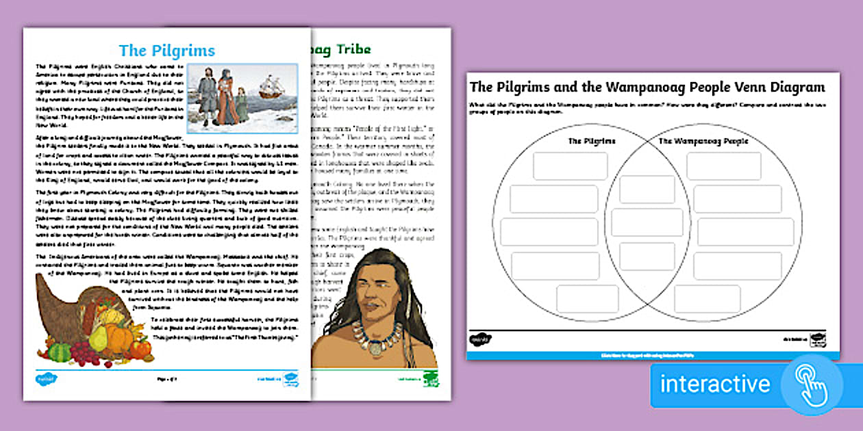 Pilgrim and Wampanoag Reading Passage and Venn Diagram