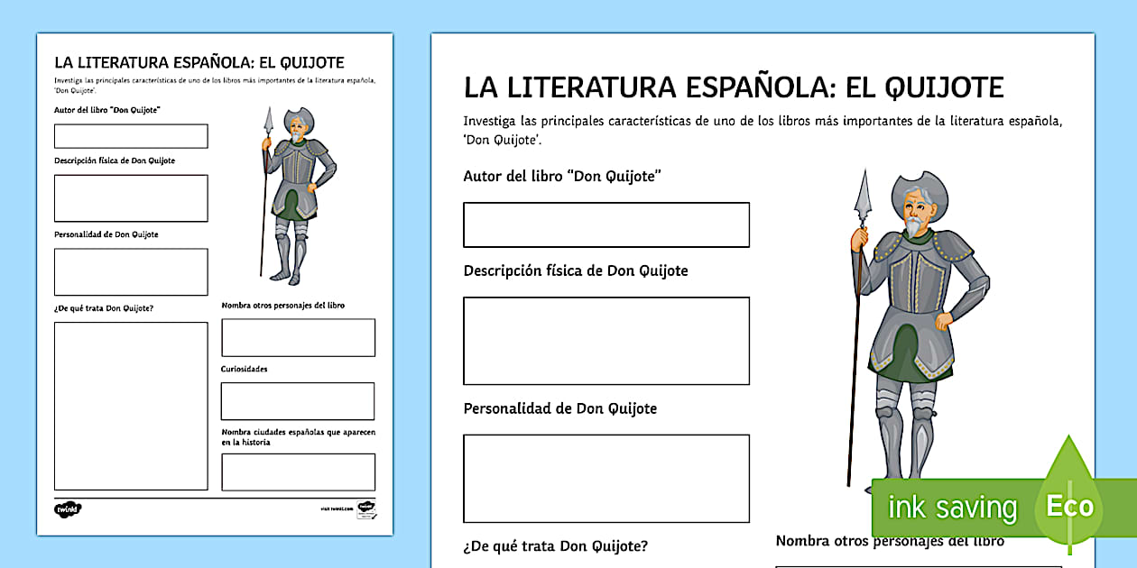 Black and White Spanish Literature Don Quixote Worksheet Spanish