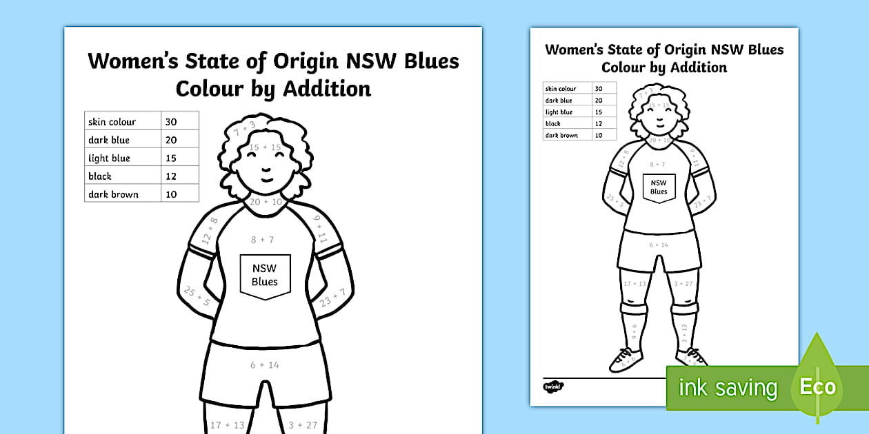 QLD Women's State of Origin NSW Blues Colour by Addition Colouring Page