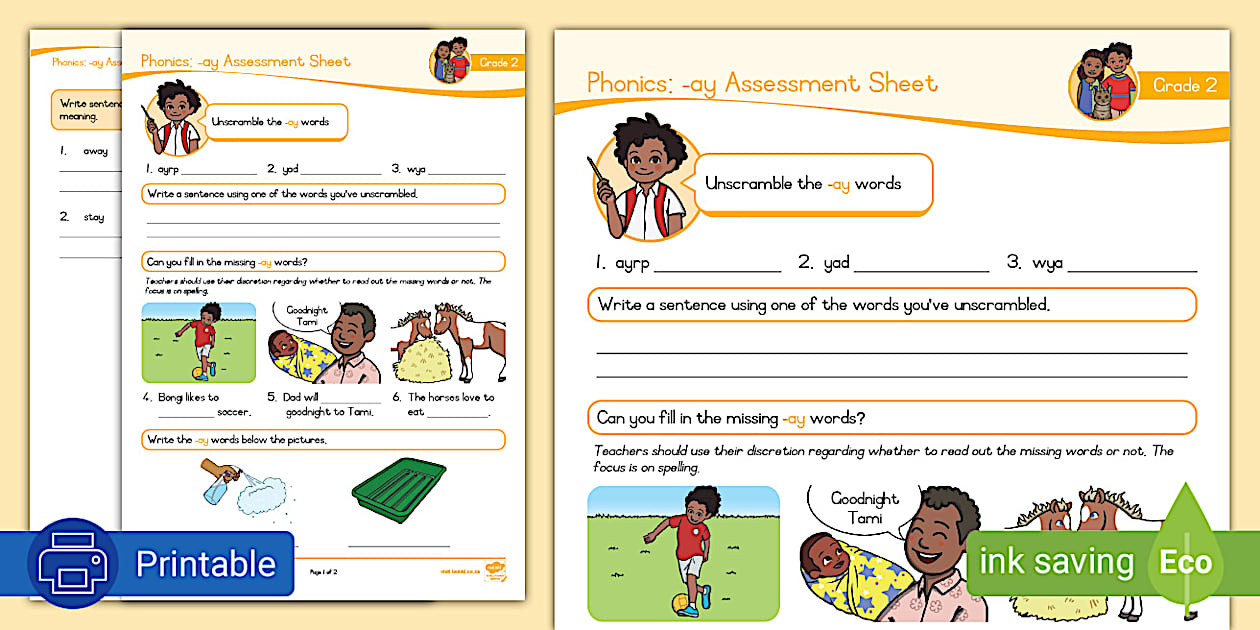 Grade 2 Phonics: ay Assessment Sheet (teacher made) - Twinkl