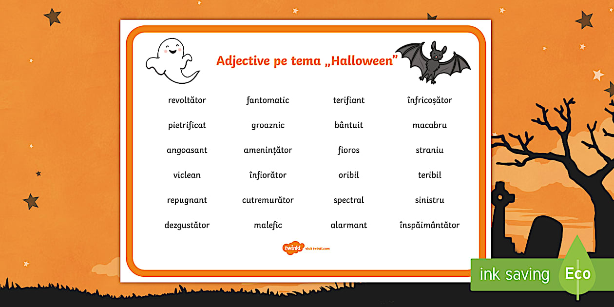 Adjective de Halloween Planșă cu vocabular - Twinkl