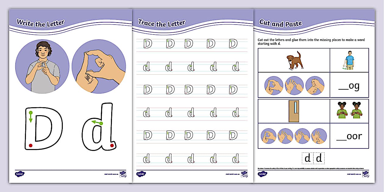 Letter D Handwriting Worksheets with Auslan (teacher made)