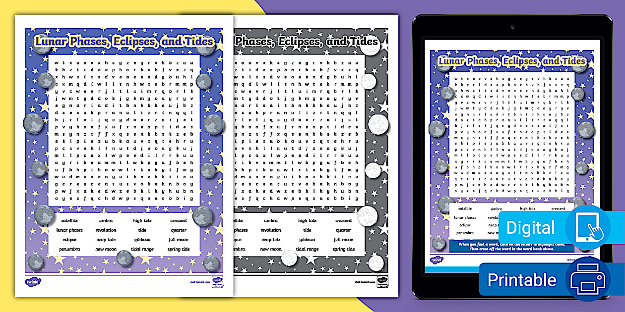 Lunar Phases, Eclipses, and Tides Word Search for 6th-8th