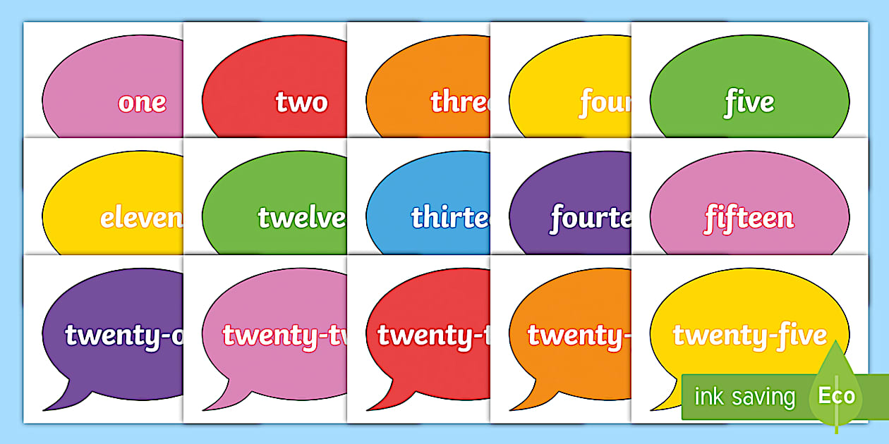 Number Words 0-50 on Colourful Speech Bubbles Cut-Outs - Numbers 0-200 on