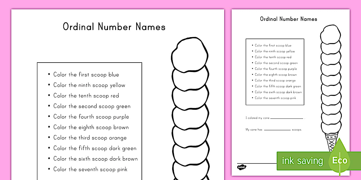 Ordinal Numbers Ice Cream Coloring Worksheet (teacher made)