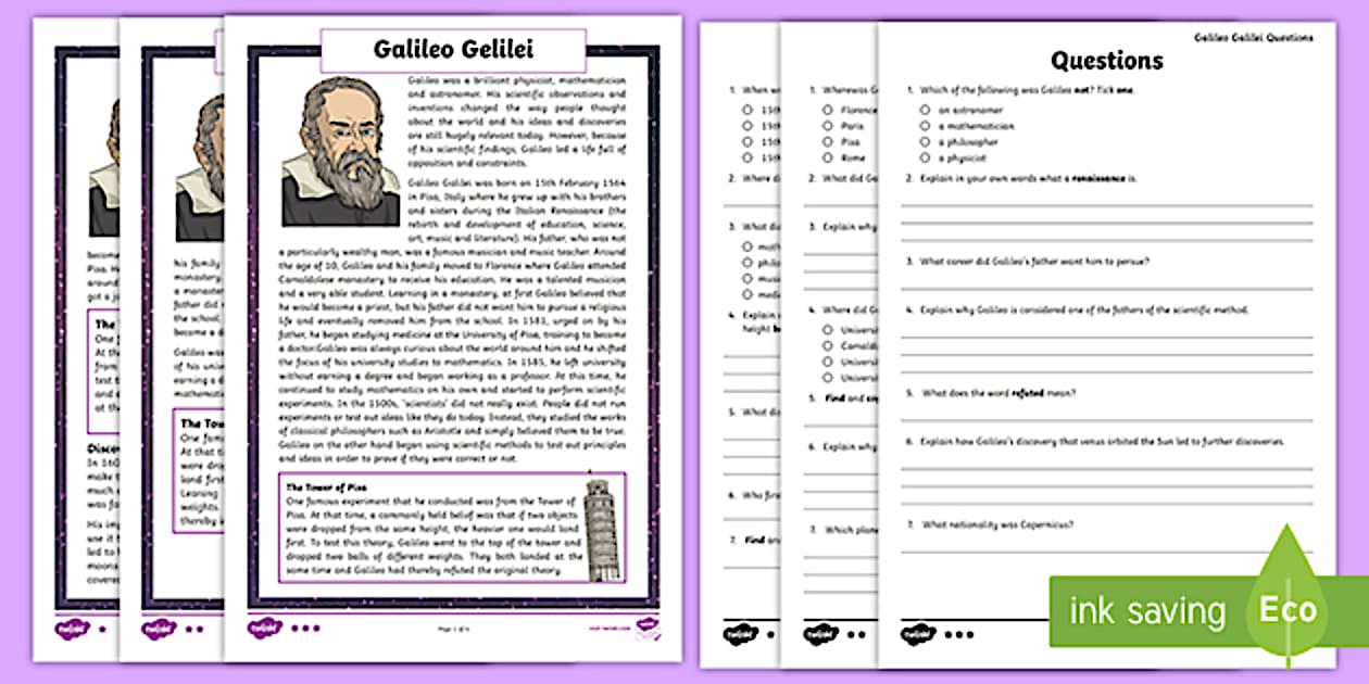 UKS2 Galileo Galilei Differentiated Reading Comprehension Activity