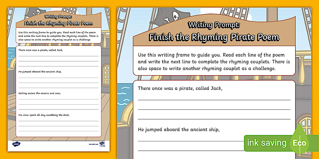Writing Prompt: Finish the Rhyming Pirate Poem - Twinkl