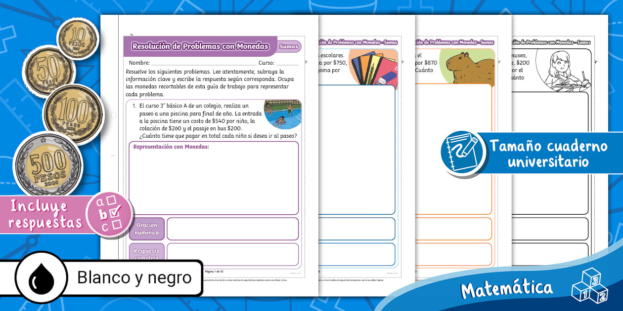 Problemas | Sumas con monedas | 3° básico | Matemáticas
