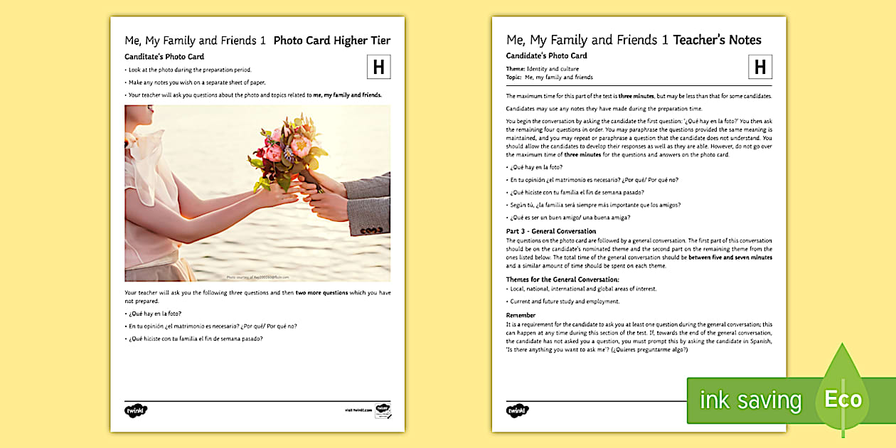 Me, My Family and Friends 1: Higher Tier Photo Card Activity