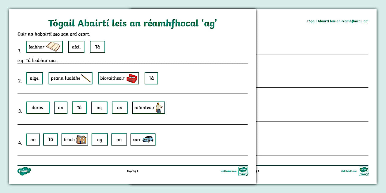 Tógail Abairtí leis an réamhfhocal 'ag' - Twinkl