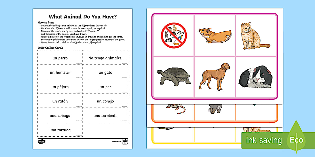 Editable What Animal Do You Have? Lotto Game Spanish