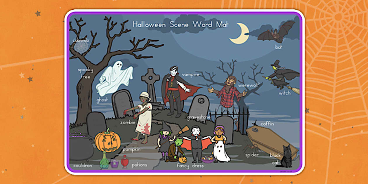 Halloween Scene Word Mat (teacher made) - Twinkl