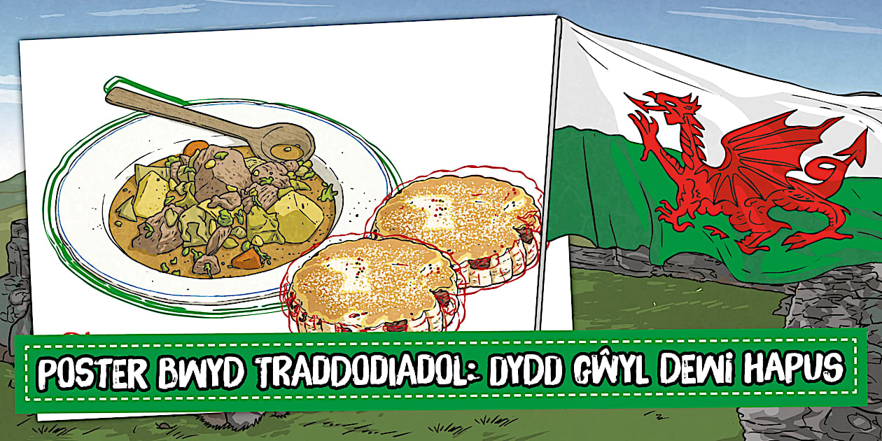 Poster Bwyd Traddodiadol: Dydd Gŵyl Dewi Hapus