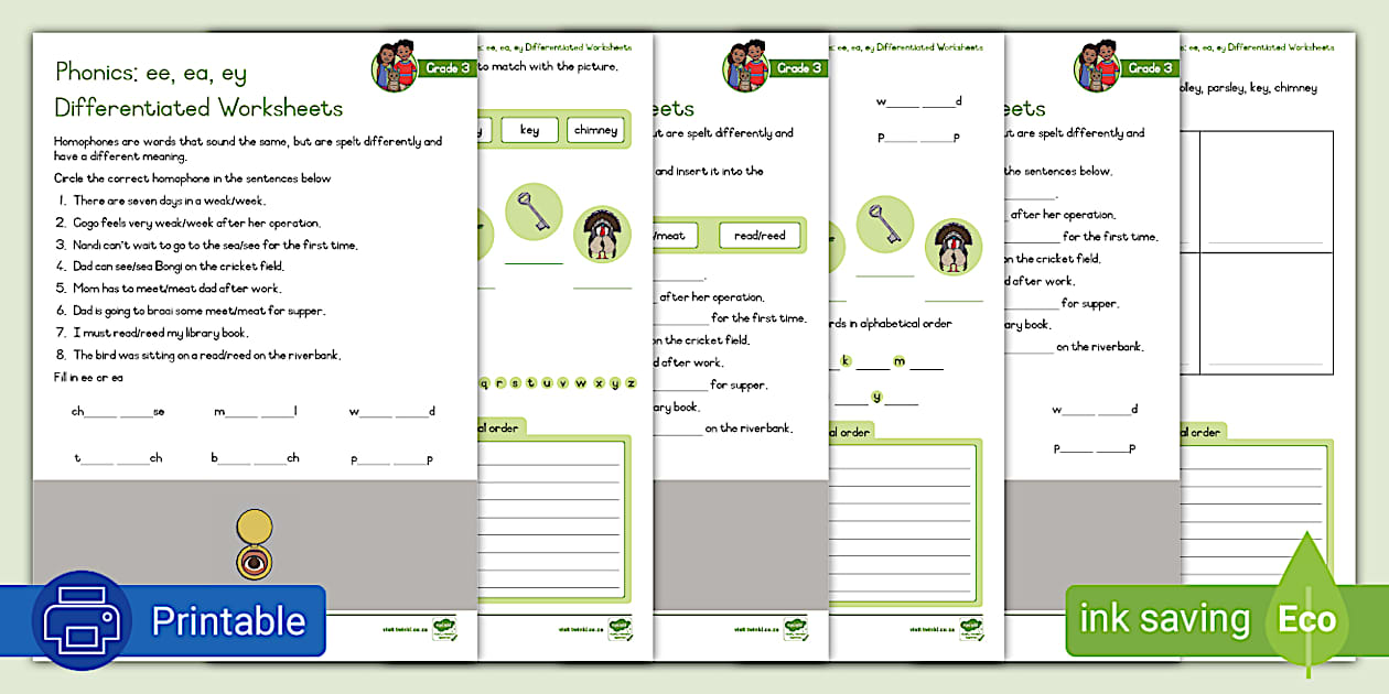 Grade 3 Phonics ee ea ey: Differentiated Worksheet - Twinkl