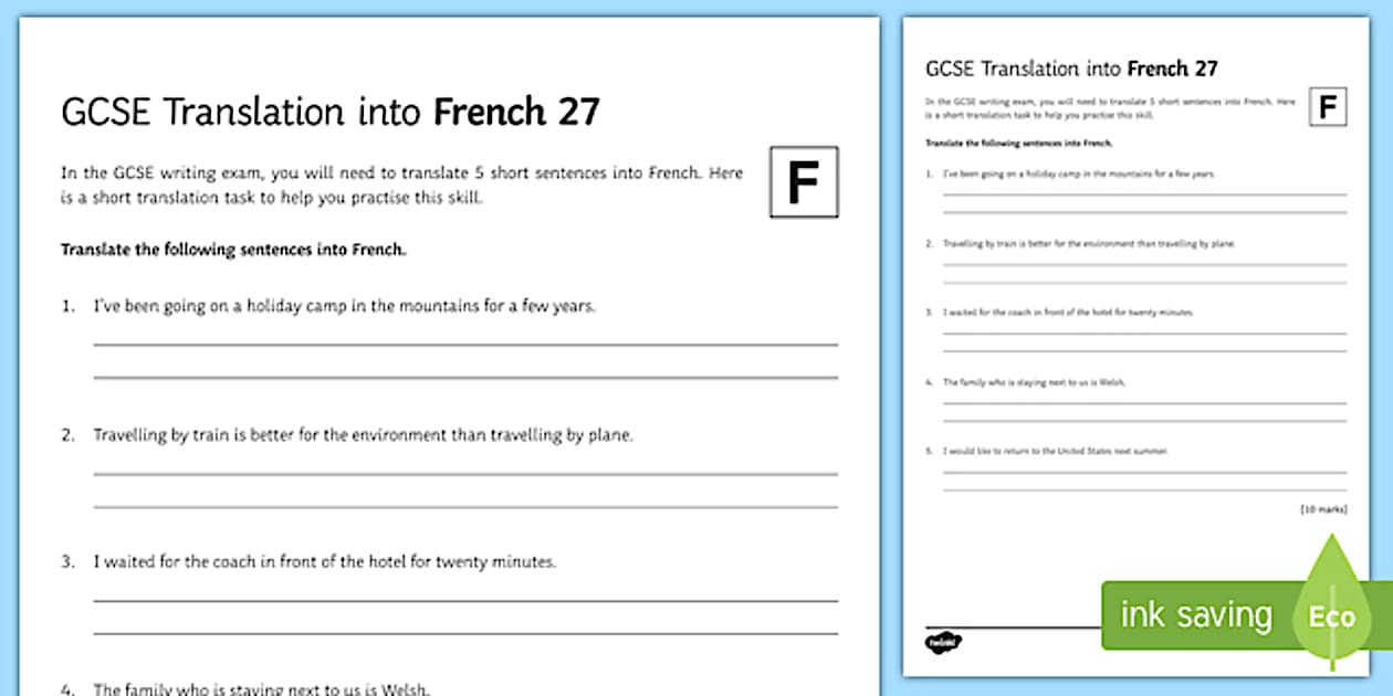 GCSE Translation into French 27 Foundation Tier Worksheet / Worksheet
